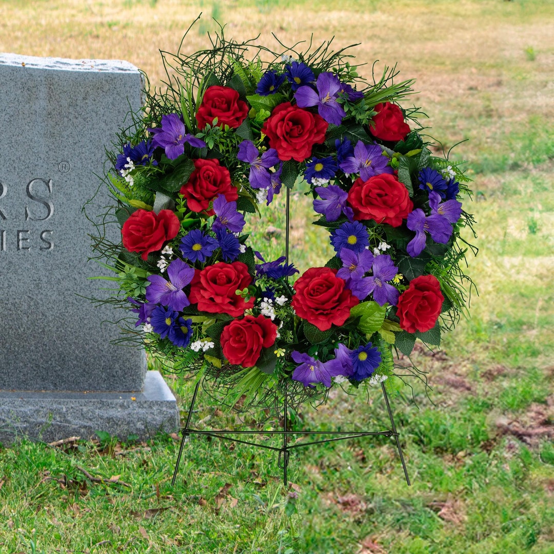 Cemetery Wreath - Red and Purple Floral Grapevine Wreath With Easel ...