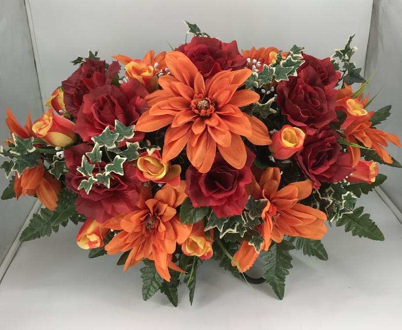 Orange Dahlias and Burgundy Roses Fall Cemetery Saddle - Fall Monument ...