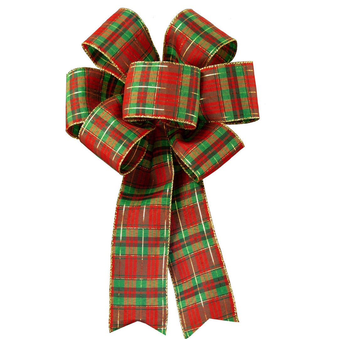 Red and Green Plaid Hand Tied Bow With Gold Glitter - Wreath Bow - Bow ...