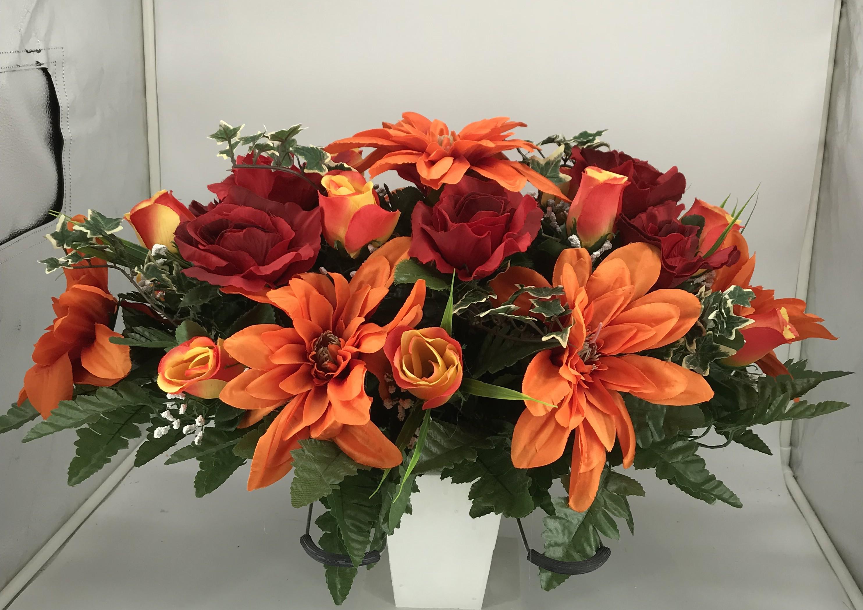 Orange Dahlias and Burgundy Roses Fall Cemetery Saddle - Fall Monument ...