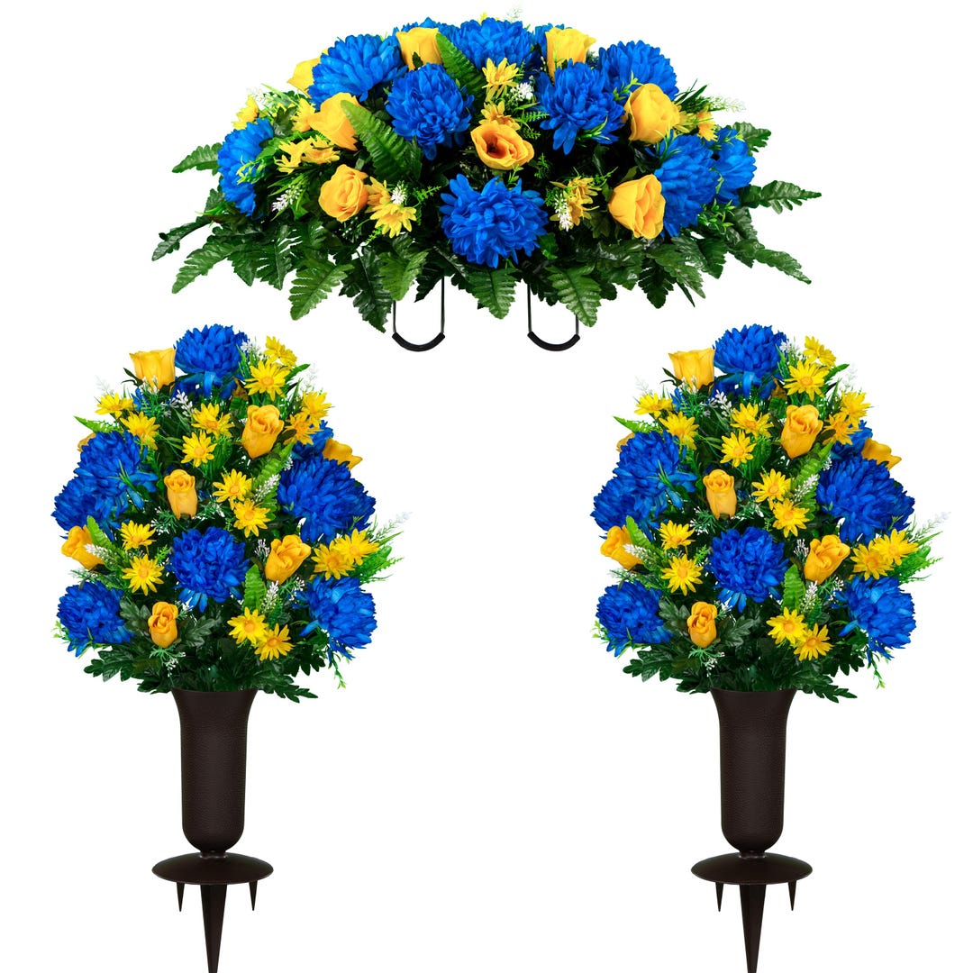 Royal Blue Mum and Yellow Rose Artificial Cemetery Saddle and 2 ...