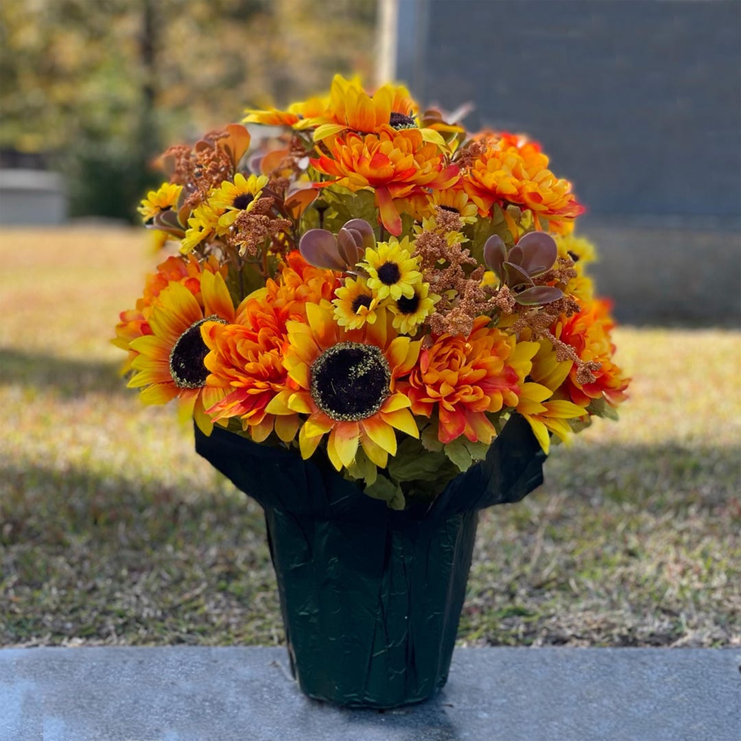 Fall Sunflower Mum Potted Arrangement: Outdoor Cemetery Use or Home ...