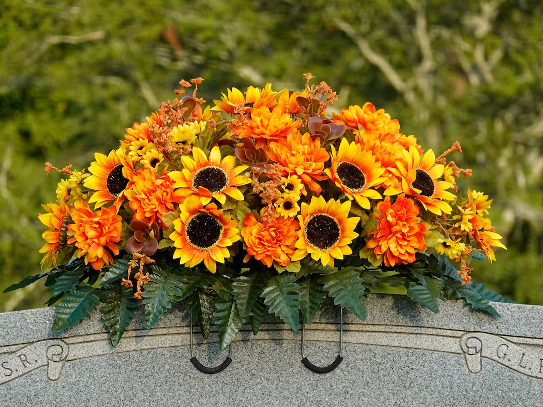 Fall Cemetery Saddle With Yellow Sunflowers and Amber Mums for ...