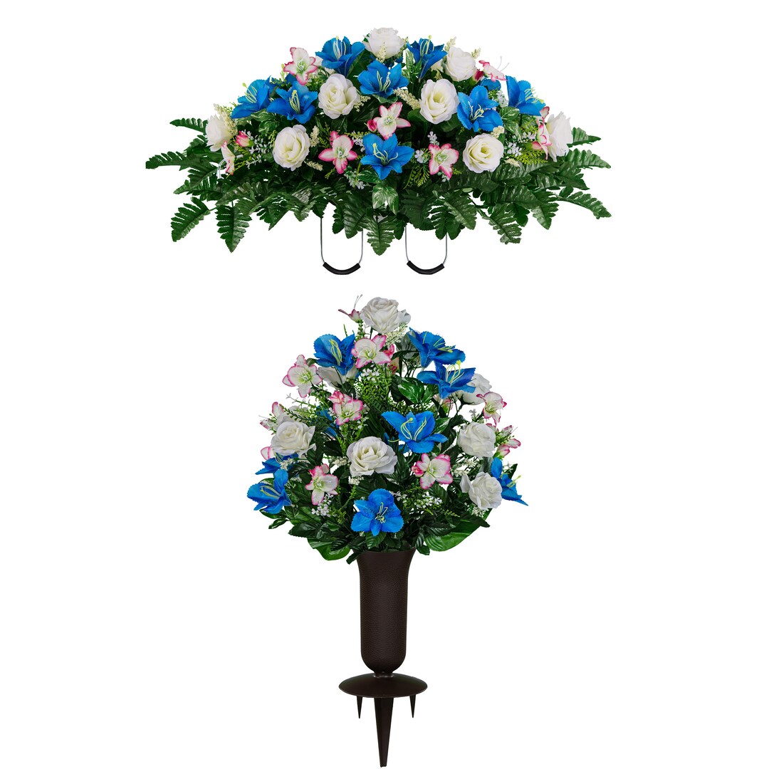 White Rose and Blue Alstroemeria Cemetery Saddle and Flower Arrangement ...