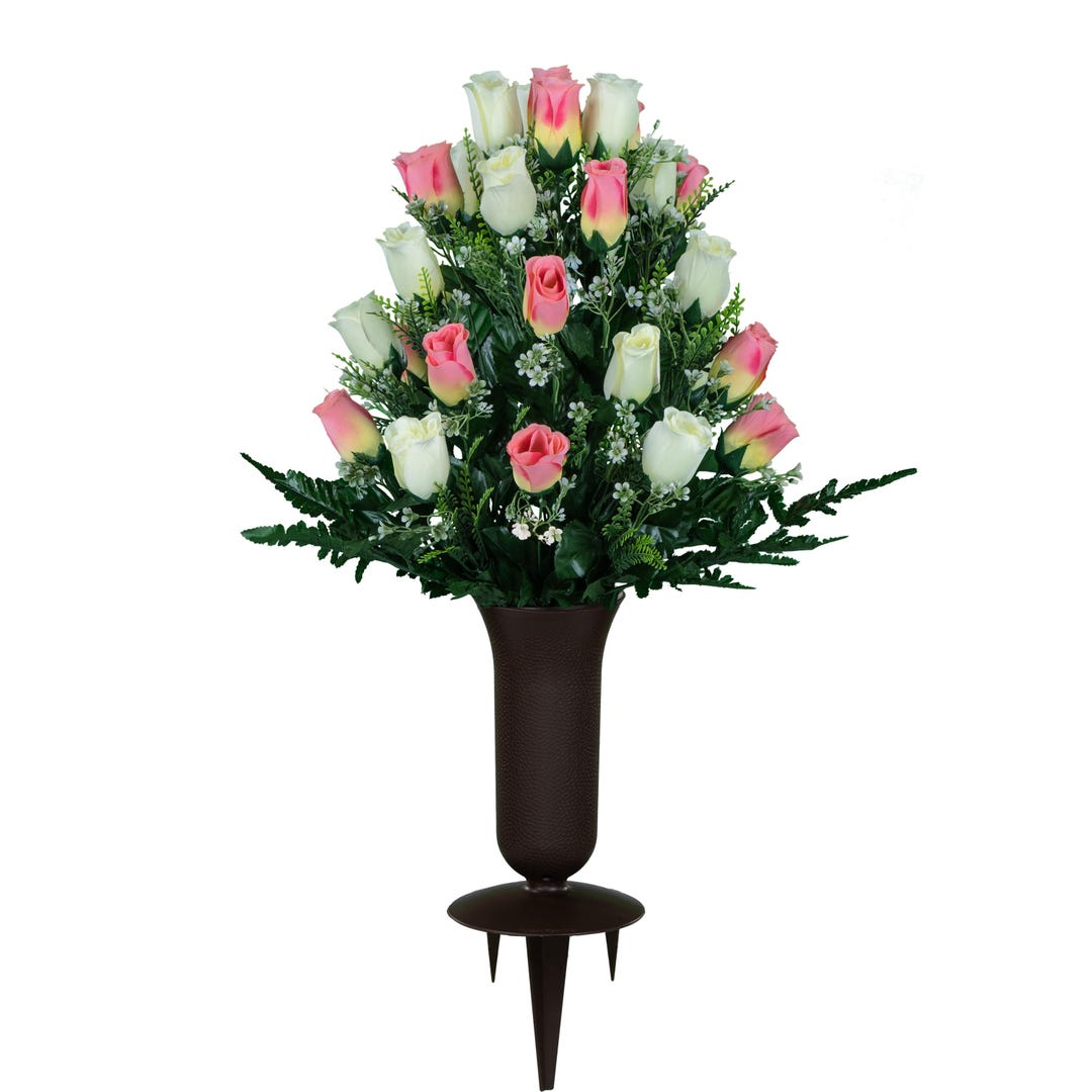Pink and White Rose Buds Cemetery Arrangement With Vase - Mother's Day ...