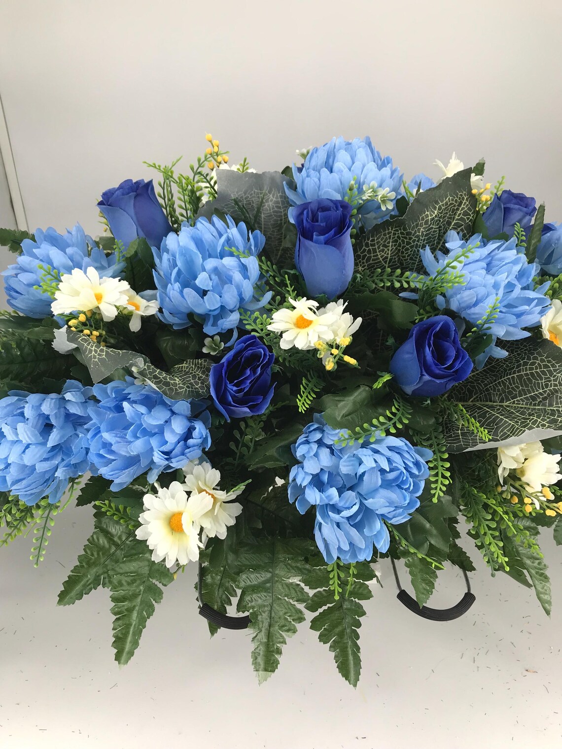 Blue Mums and Roses Cemetery Saddle - Dark & Light Blue Flower ...
