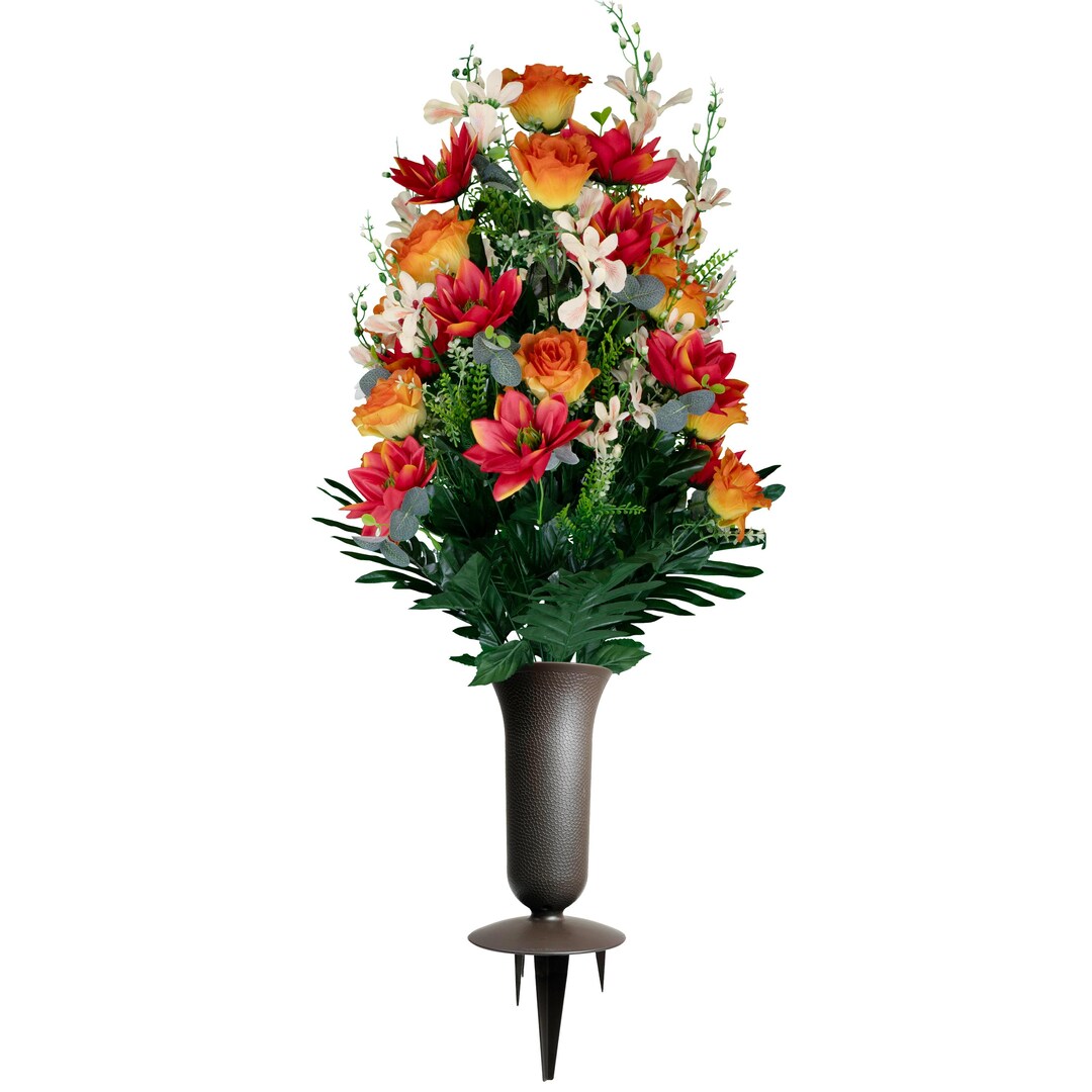 Orange Roses and Vermillion Lotus Arrangement With Vase Included - Fall ...