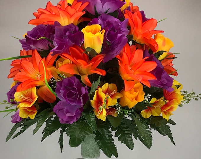 Purple, Orange, and Yellow Silk Flower Arrangement for Cemetery Vase ...