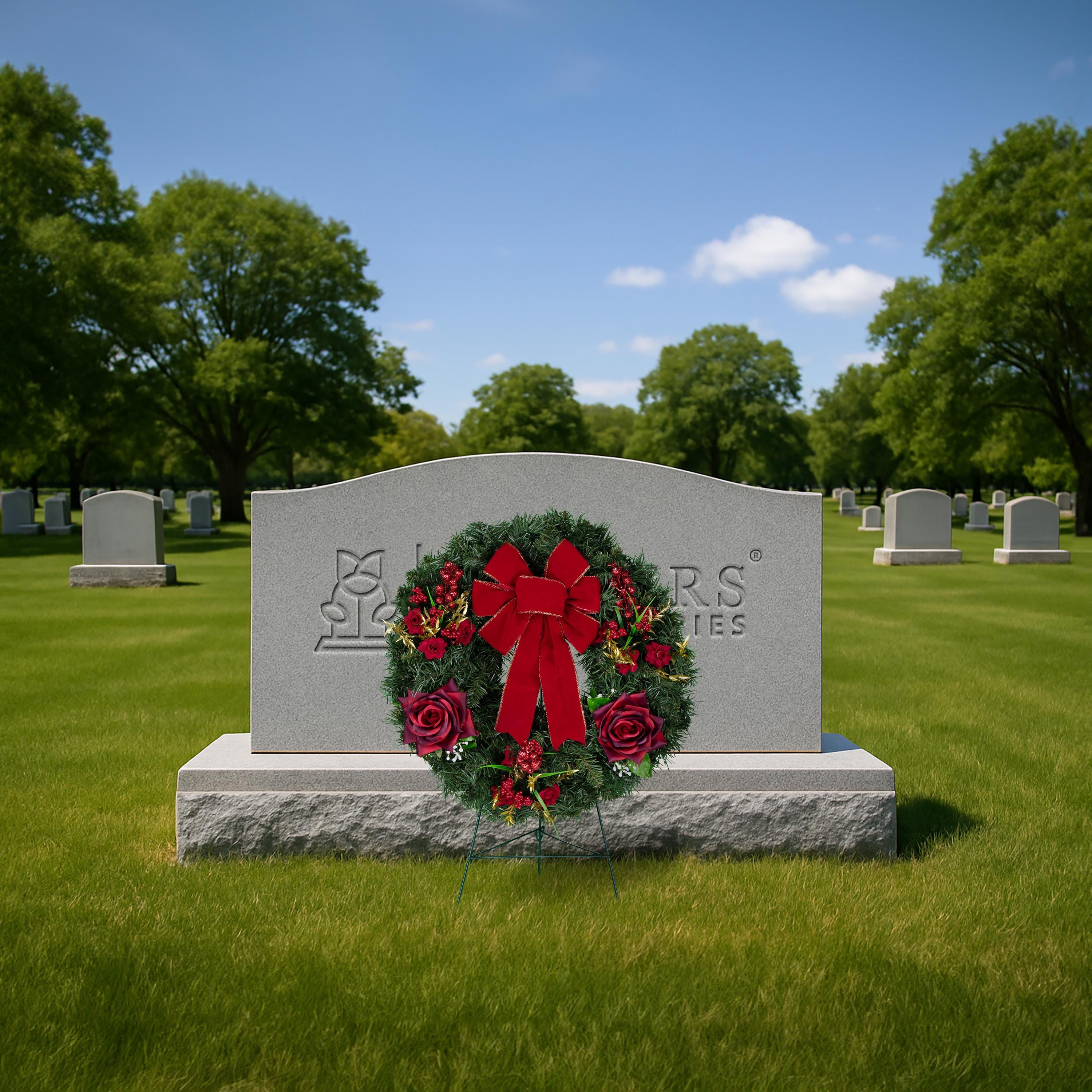 Artificial Christmas Rose Wreath With Bow on Metal Stand - Cemetery ...