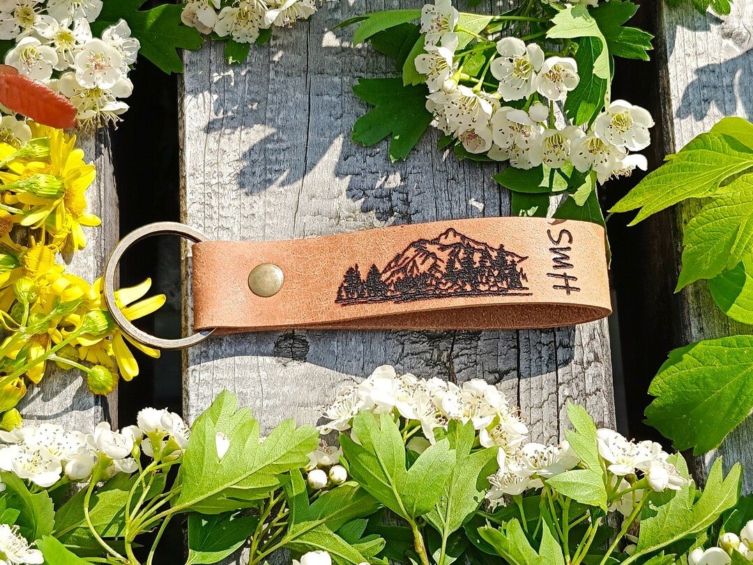 Mountains Keychain, Personalised Leather Keyring, Laser Etched Gift ...