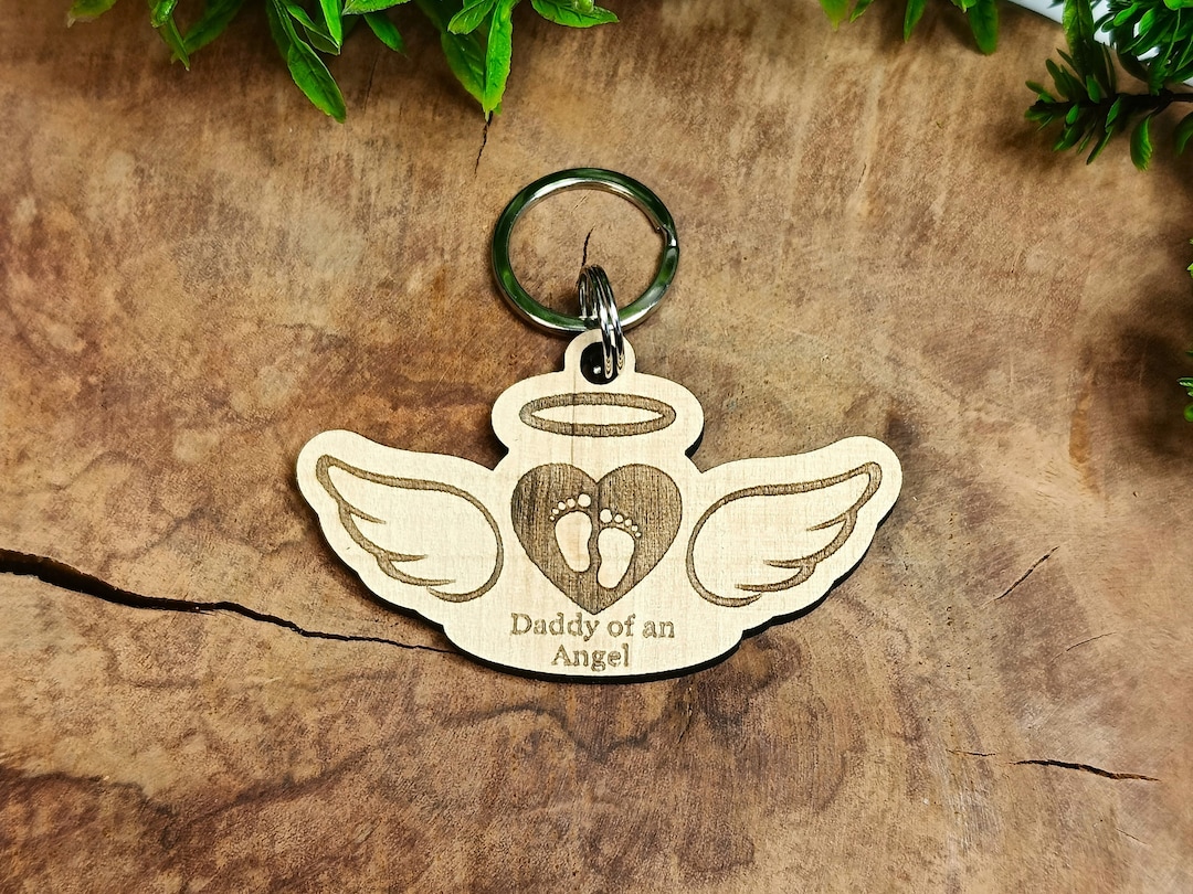 Daddy of an Angel Keychain, Wooden Keyring, Personalised, Laser Etched ...
