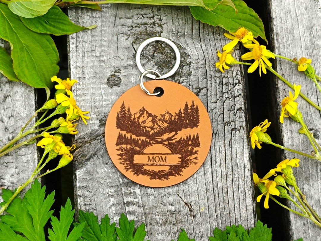Mountains Keychain, Birthday Gift for Mom Dad, Personalised Leather ...