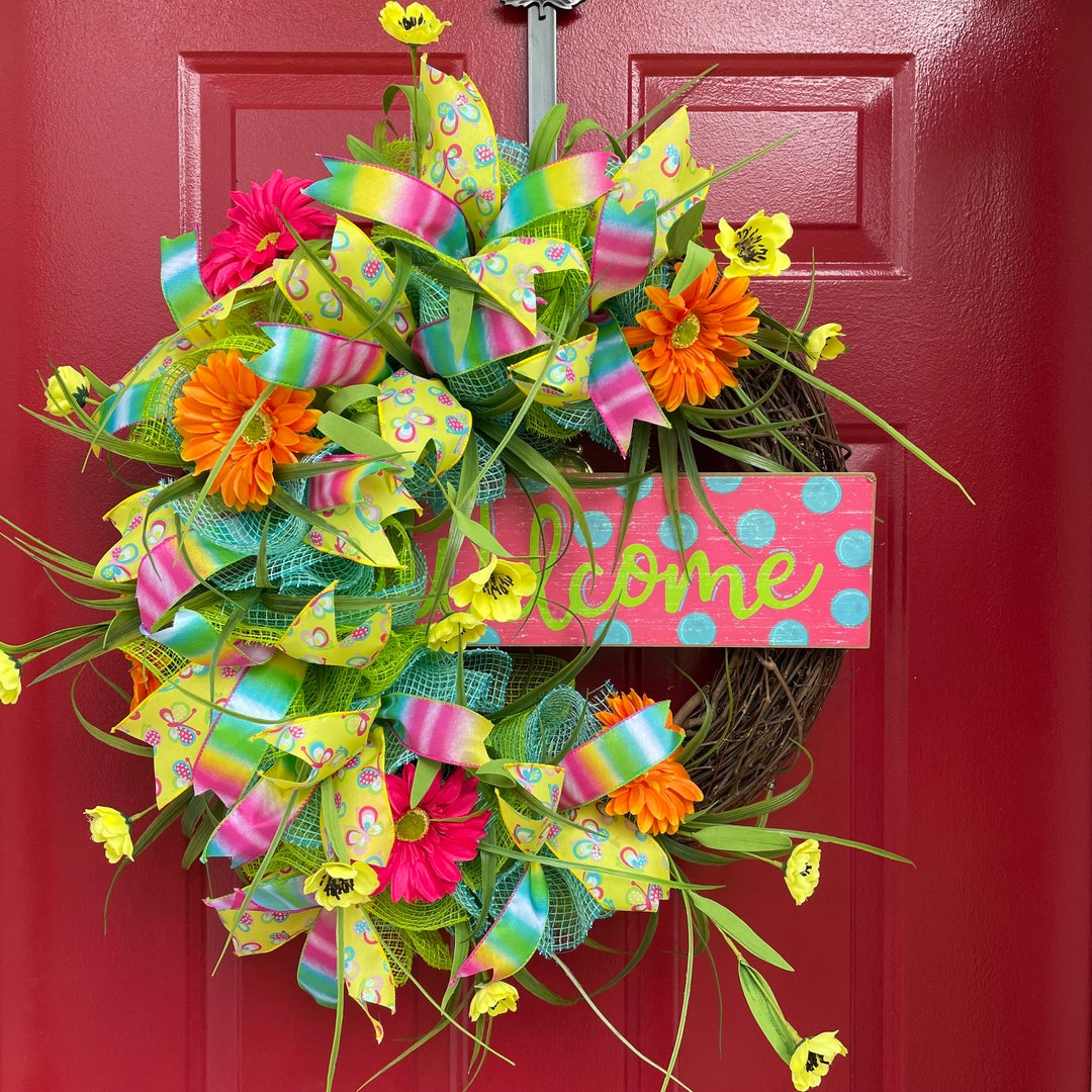 Spring Welcome Wreath, Farmhouse Decor, Summer - Etsy