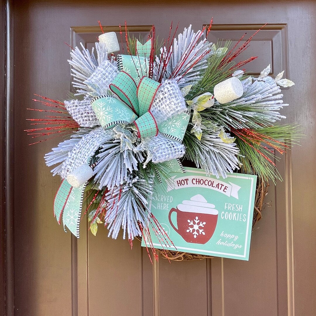 Snowflake Hot Chocolate Christmas Wreath: Snowy Pine Winter Decor - Etsy