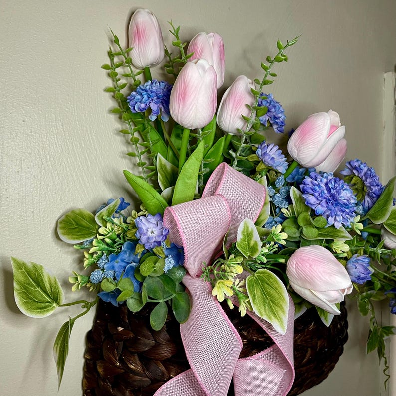 Spring Floral Basket Hanger: Faux Tulips, Mums, and Ivy - Etsy