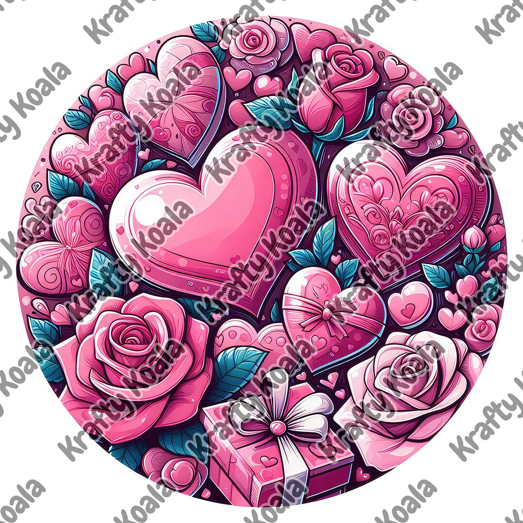 Pink Hearts & Roses 1 Circle Sticker Design JPEG PNG Digital Download ...