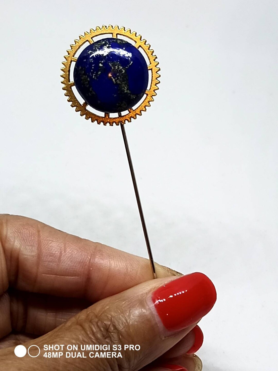 Round Gemstone Lapel Pin Boutonniere Blue and Gold Lapis Lazuli Gift ...