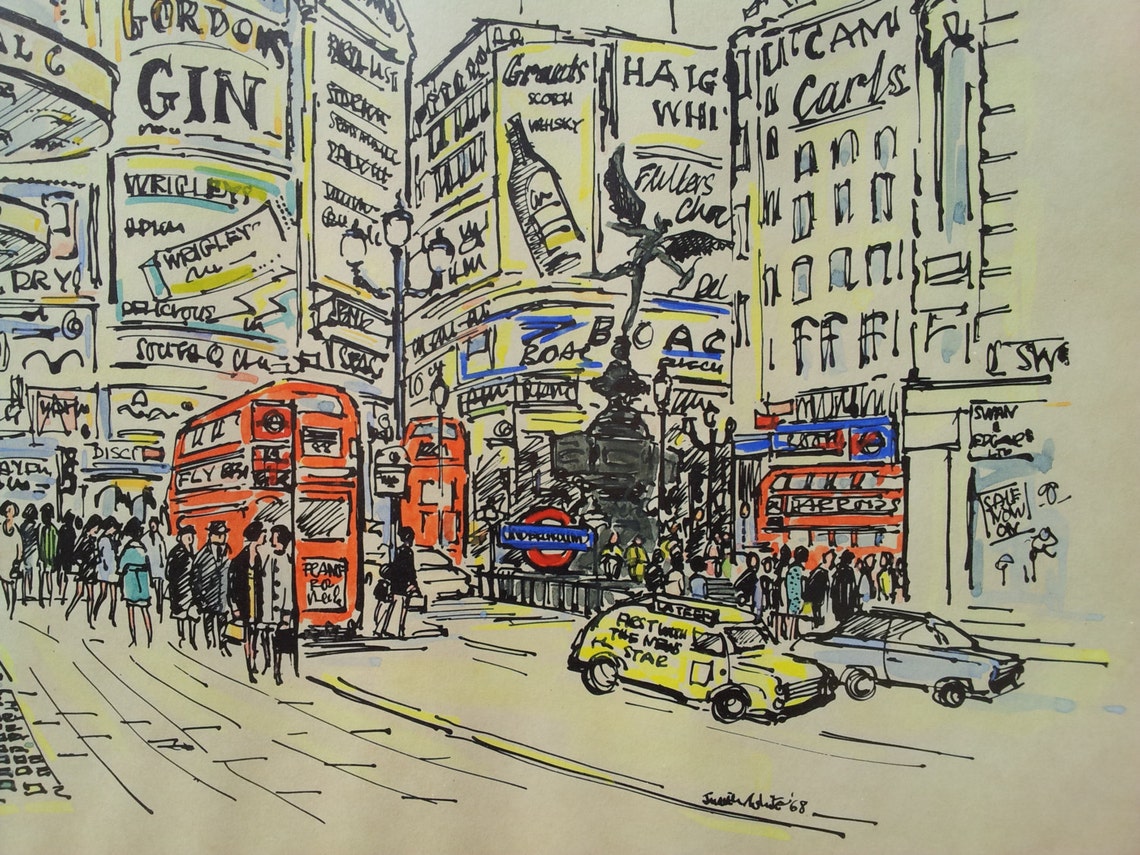 Vintage Original Illustration Art Ink Watercolor Piccadilly Circus ...