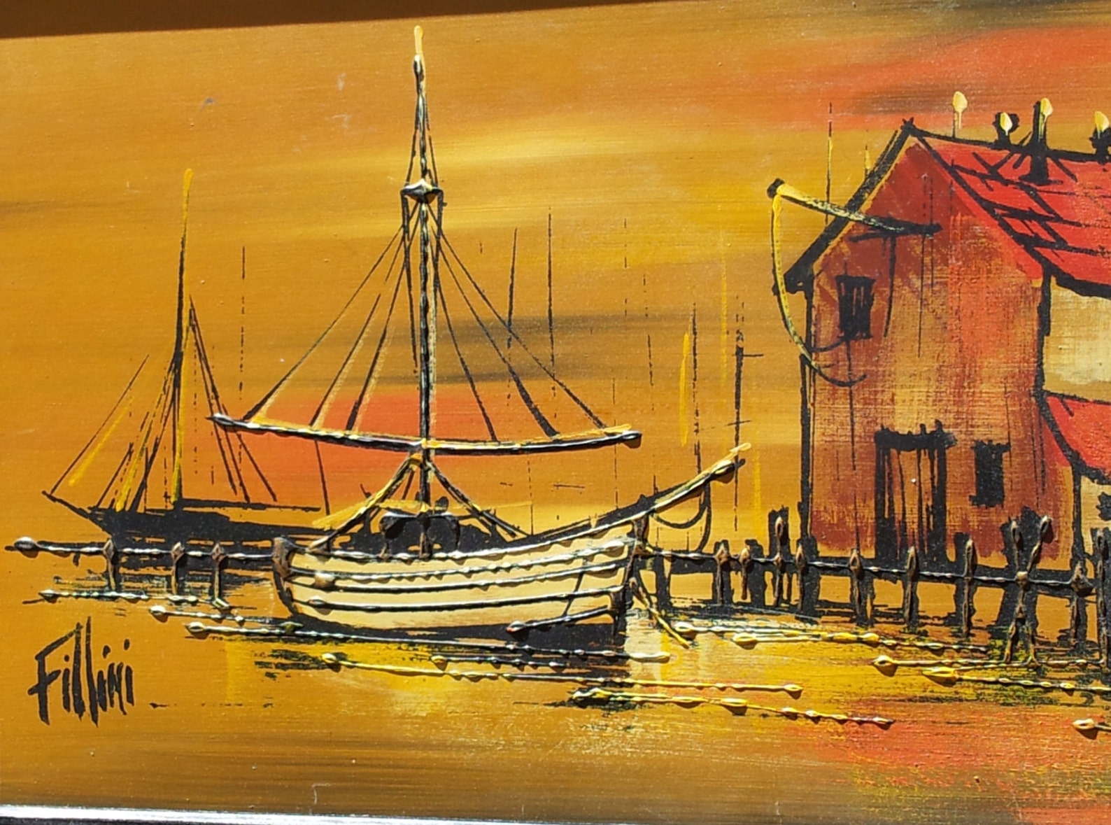 Vintage Production Art Circa 1960s by Fillini Shipyard Dusk Fishing ...