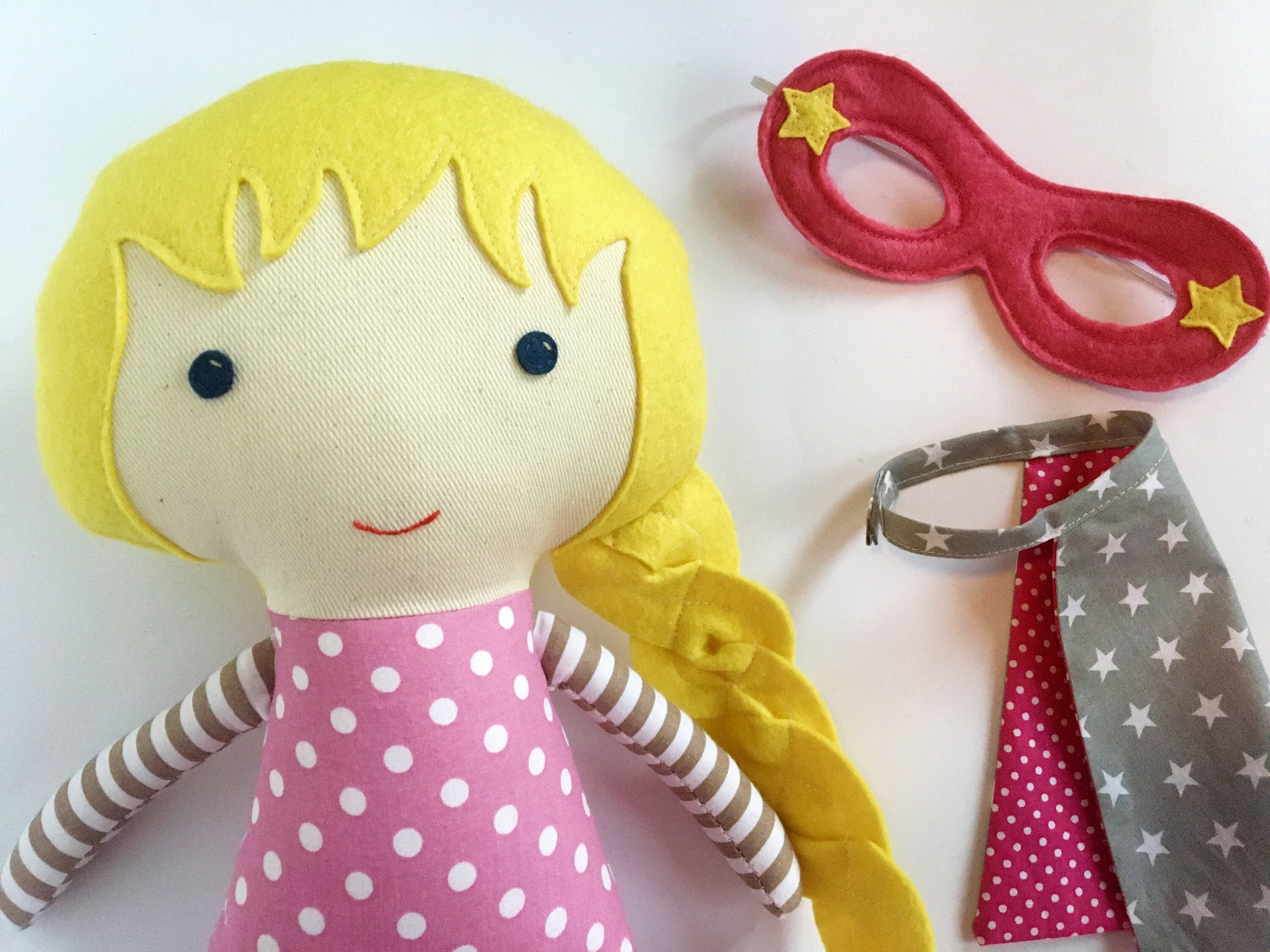 Superhero girl ragdoll with mask cape and skirt to empower | Etsy