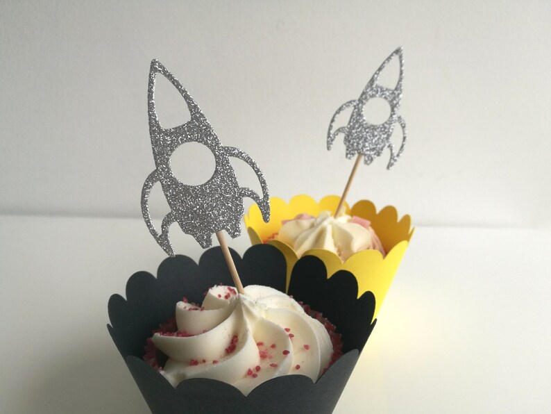 Rocket Spaceship Space Party Cupcake Toppers Silver Glitter X - Etsy