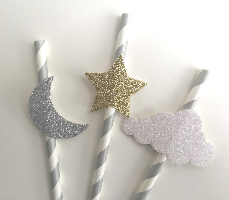 Baby Shower Moon Star and Cloud Glitter Straws | Etsy UK