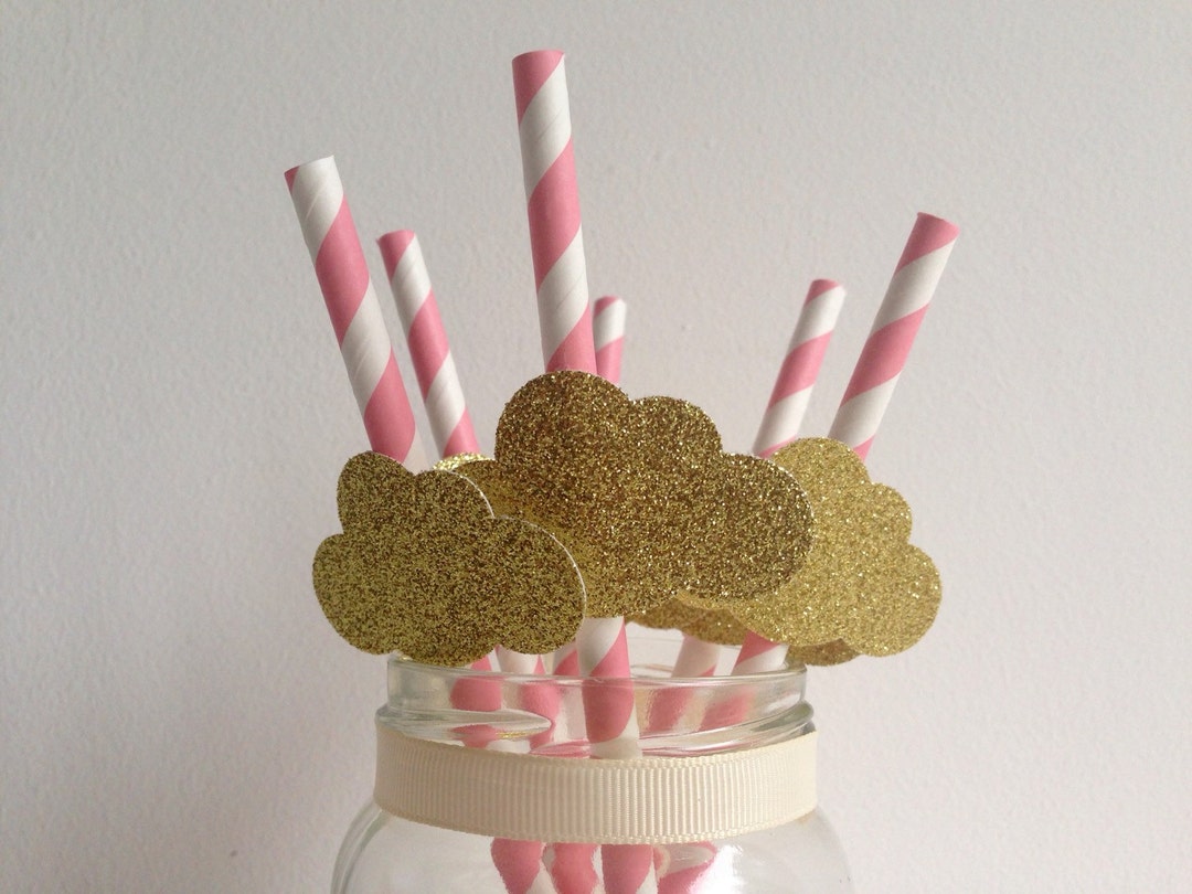 Baby Shower or Birthday Party Pink Stripe and Glitter Gold Cloud Straws ...