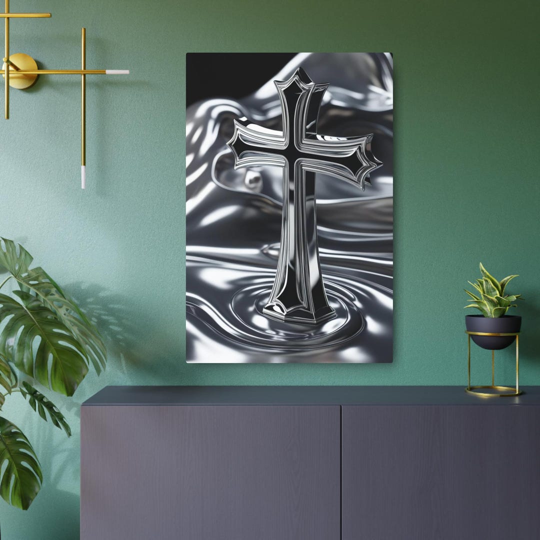 Stylish Chrome Metal Art Sign With Silver Cross Design, Religious ...