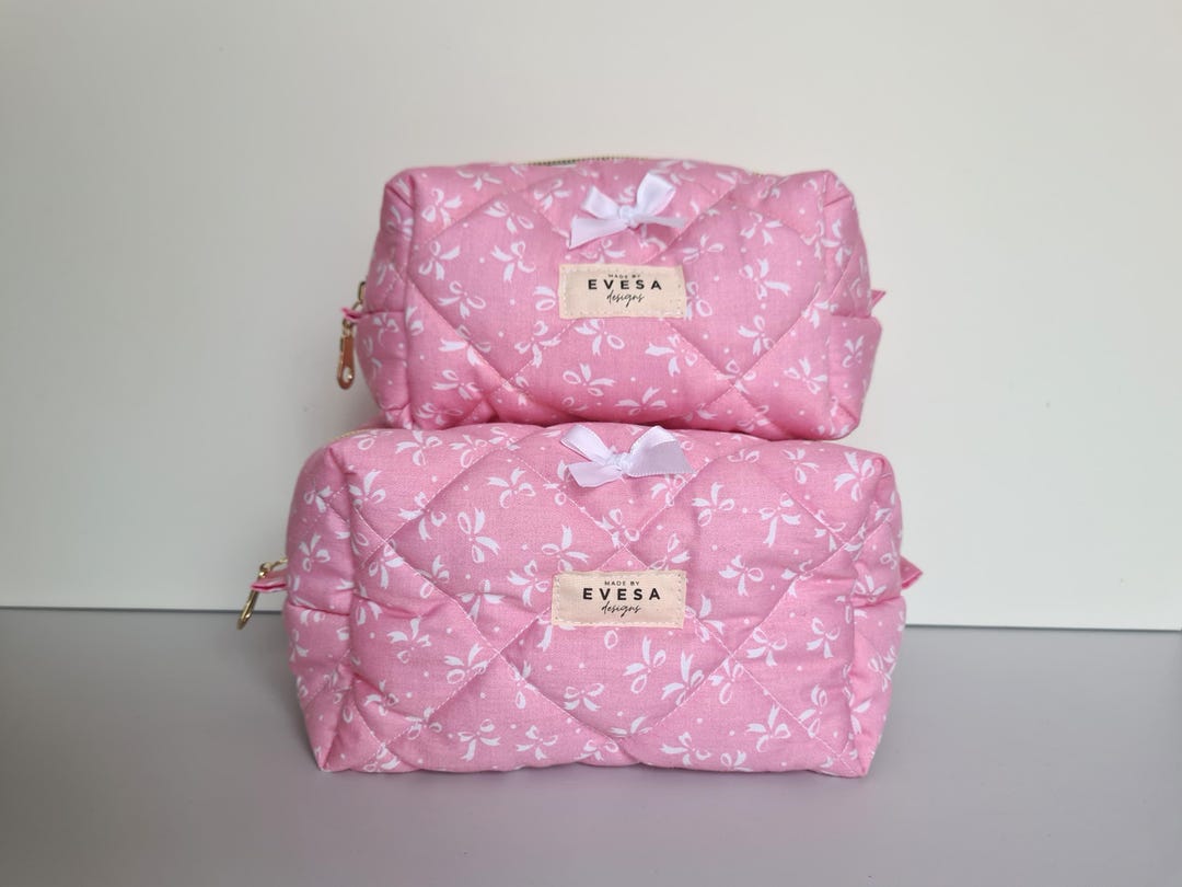 Pink Bows Quilted Makeup Bag& Carry All Bag, Coquette Aesthetic, Cosmetic Toiletry Travel Bag ...