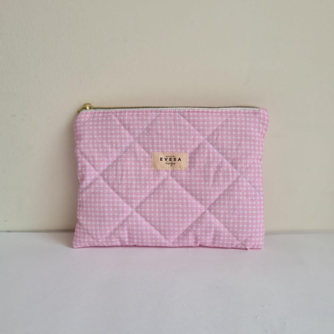 Pink Quilted Zipper Travel Pouch, Cute Gingham Aesthetic, Cosmetic ...