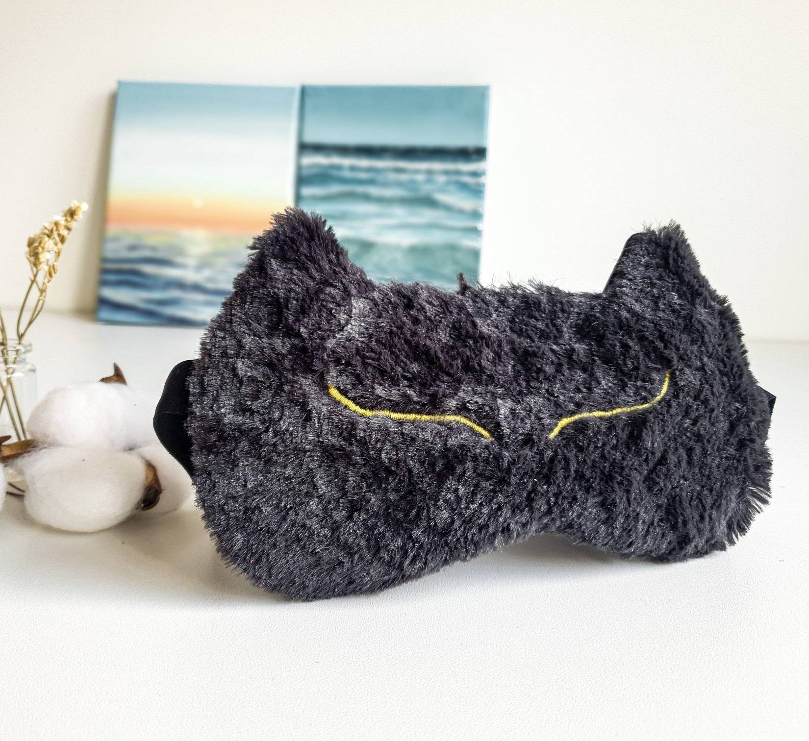 Furry Cat sleep mask Cute cat mask Black Fluffy Fur kitty | Etsy