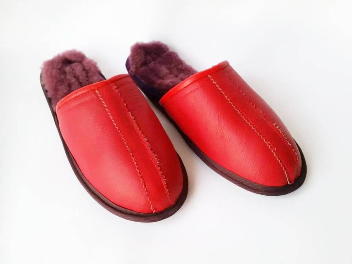 Men slippers red natural leather winter slippers | Etsy