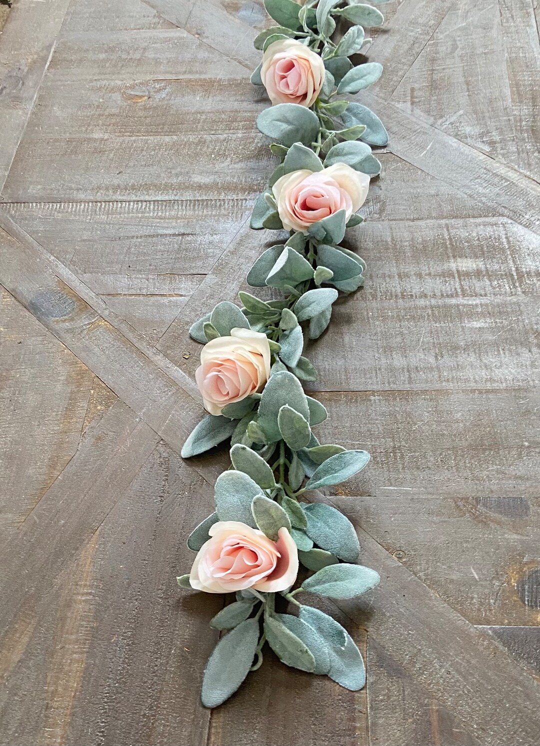 Lambs Ear and Rose Garland Floral Table Runner Lambs Ear Mantle Garland ...