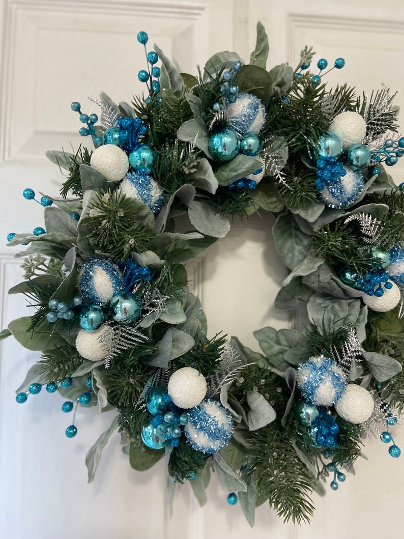 Blue Winter Wonderland Wreath/ Christmas Lambs Ear /blue and White ...