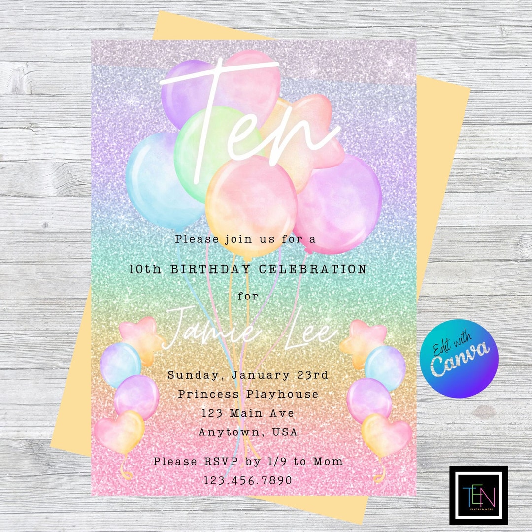 EDITABLE Glittery Balloon Birthday Party Invitation DIY Editable in ...