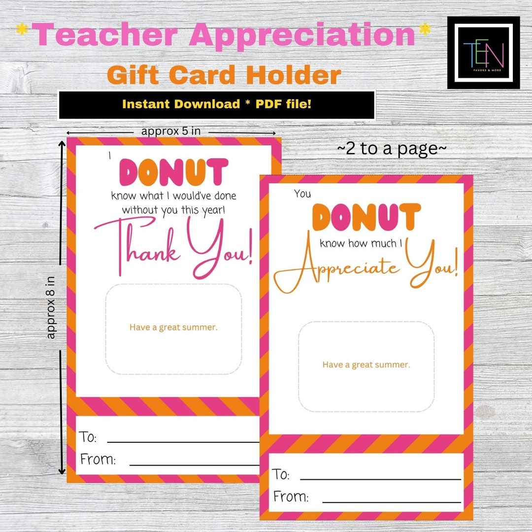 TEACHER APPRECIATION Donut Thank You Cards Instant Download 2 Designs 2 ...