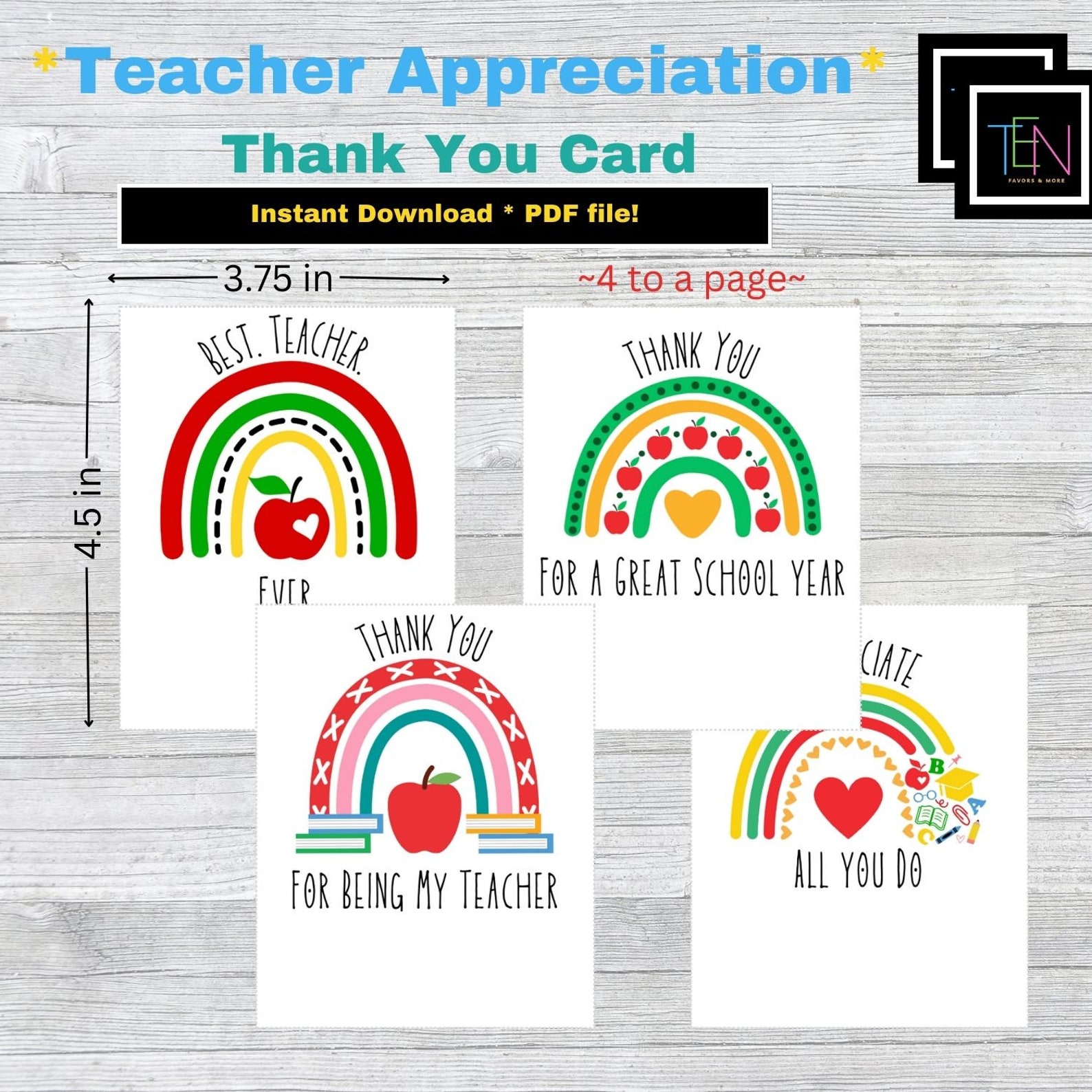 TEACHER APPRECIATION Thank You Cards Instant Download 4 Designs 4 to a ...