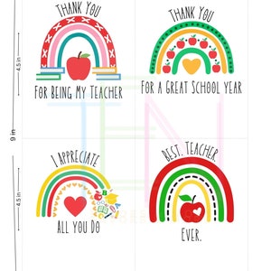 TEACHER APPRECIATION Thank You Cards Instant Download 4 Designs 4 to a ...