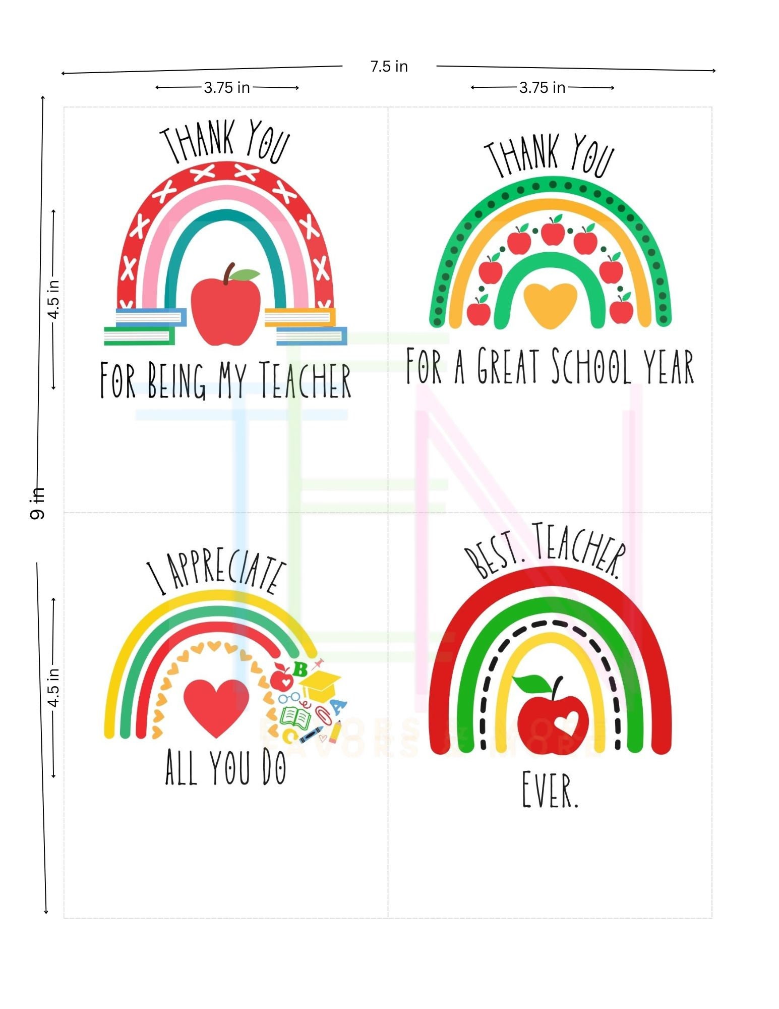 TEACHER APPRECIATION Thank You Cards Instant Download 4 Designs 4 to a ...