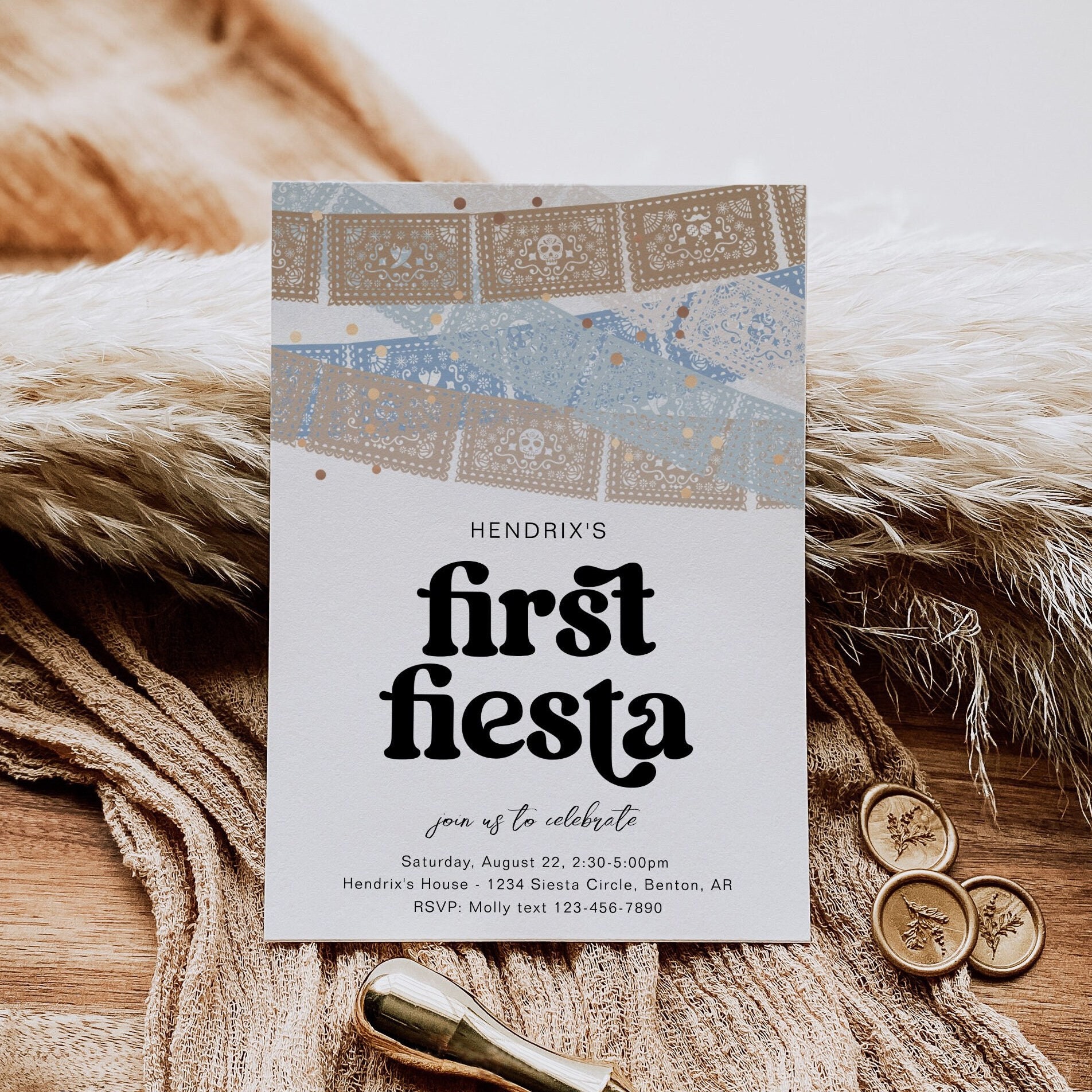 Neutral First Fiesta Birthday Invitation, Blue First Fiesta Invitation ...