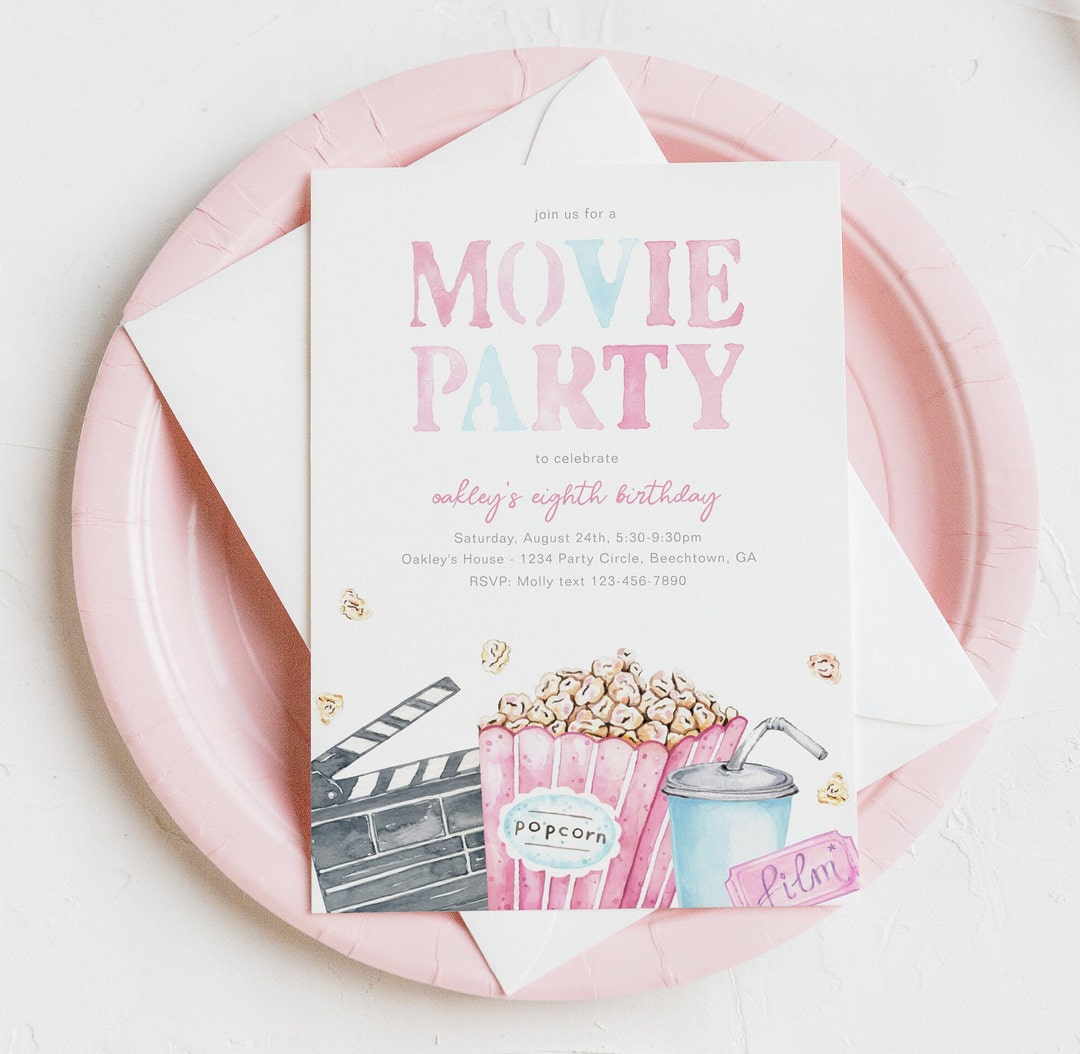 Pink Movie Party Birthday Invitation, Movie Party Invitation, Movie ...