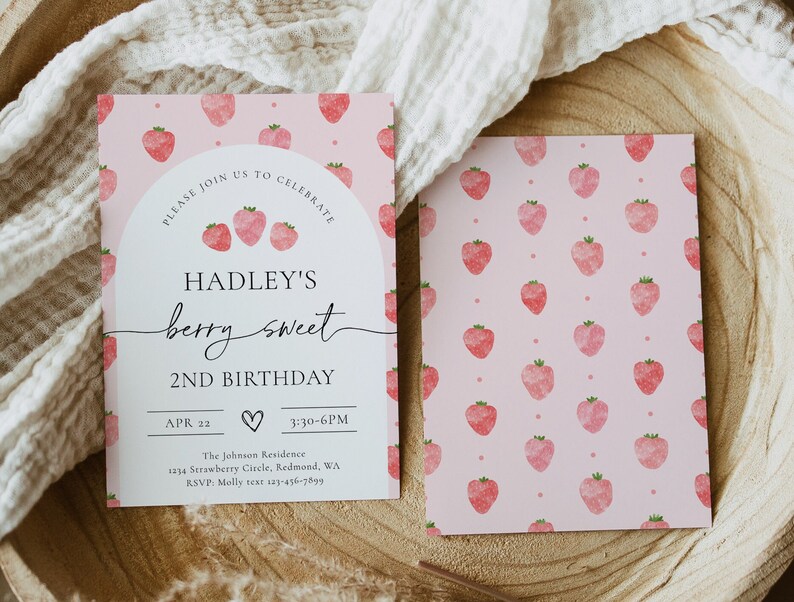 Watercolor Strawberry Birthday Invitation, Digital Strawberry ...