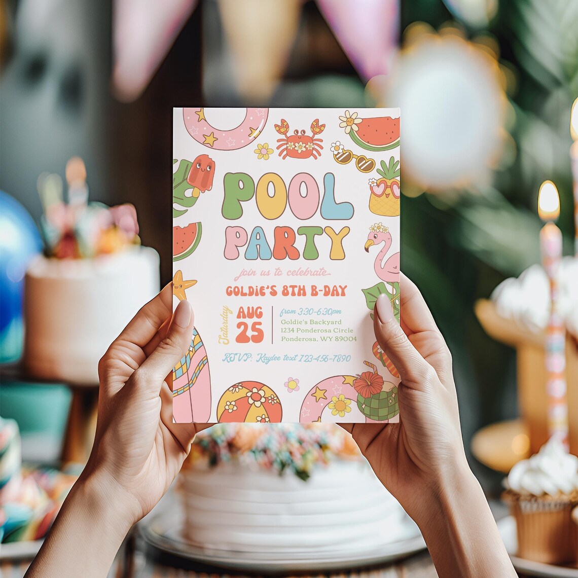 Retro Pool Party Invitation, Groovy Pool Birthday Invitation, Summer ...