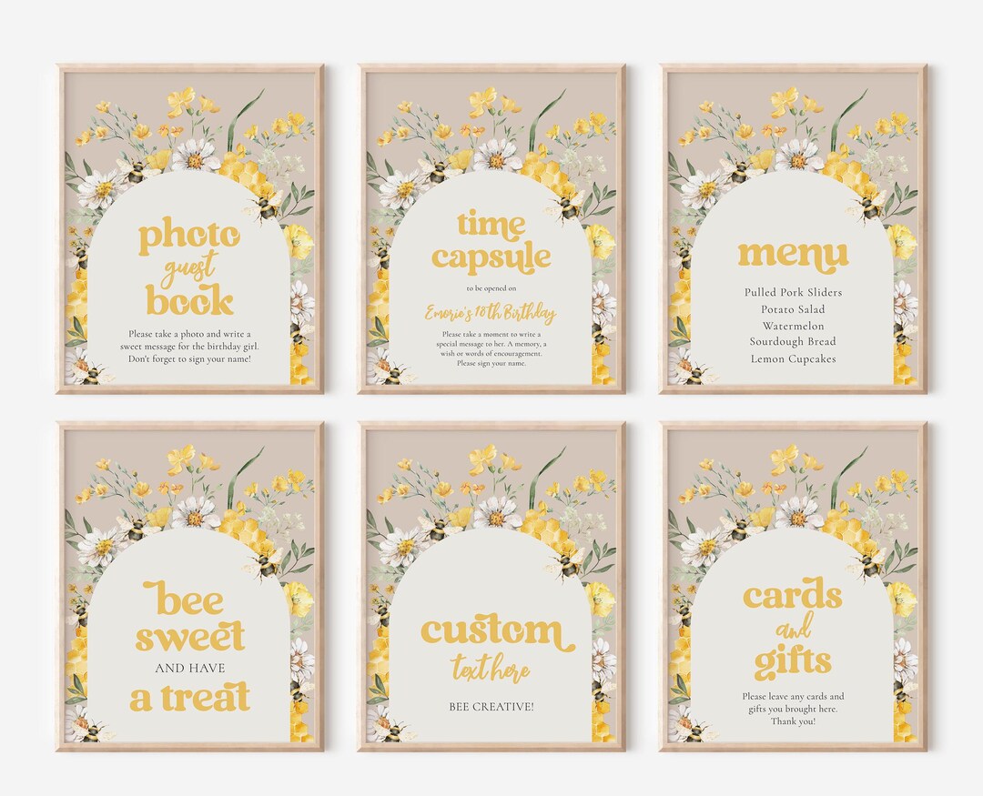 Bee Birthday Sign Bundle, Printable Bee Party Signs, Arch Wildflower ...