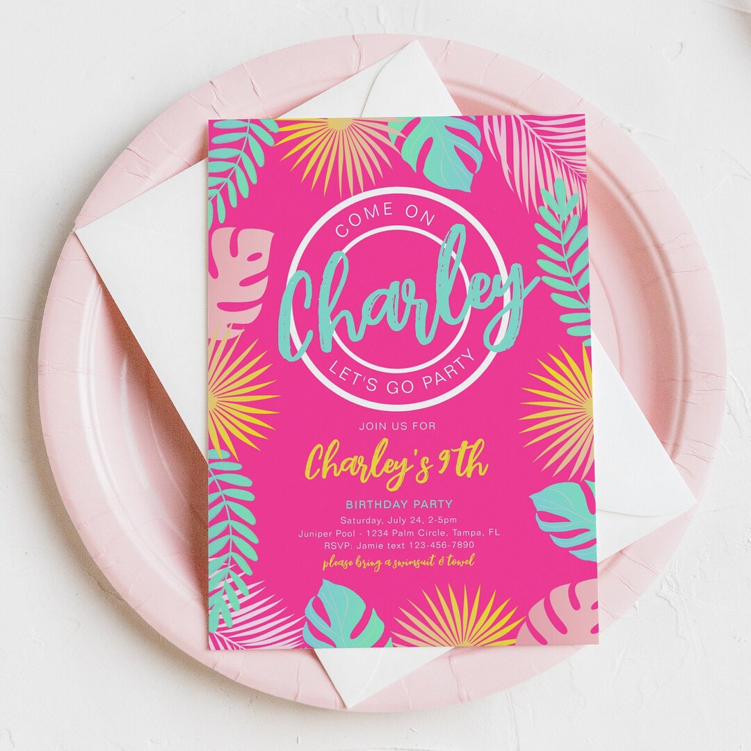 Hot Pink Let's Go Party Invitation, Girl's Pool Party Invitation ...