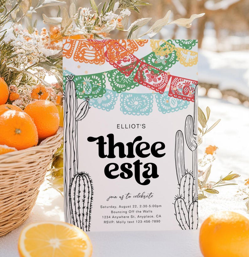 Three Esta Birthday Party Invitation, Third Birthday Fiesta, Cactus ...