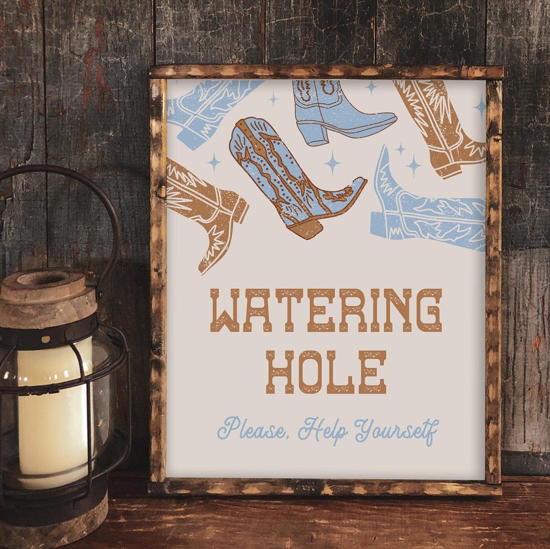 Western Watering Hole Sign, Blue Western Party Signs, Cowboy Boot Sign ...