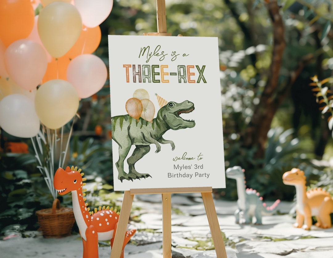 Three-rex Birthday Welcome Sign, Digital Dino Birthday Sign, Dinosaur ...