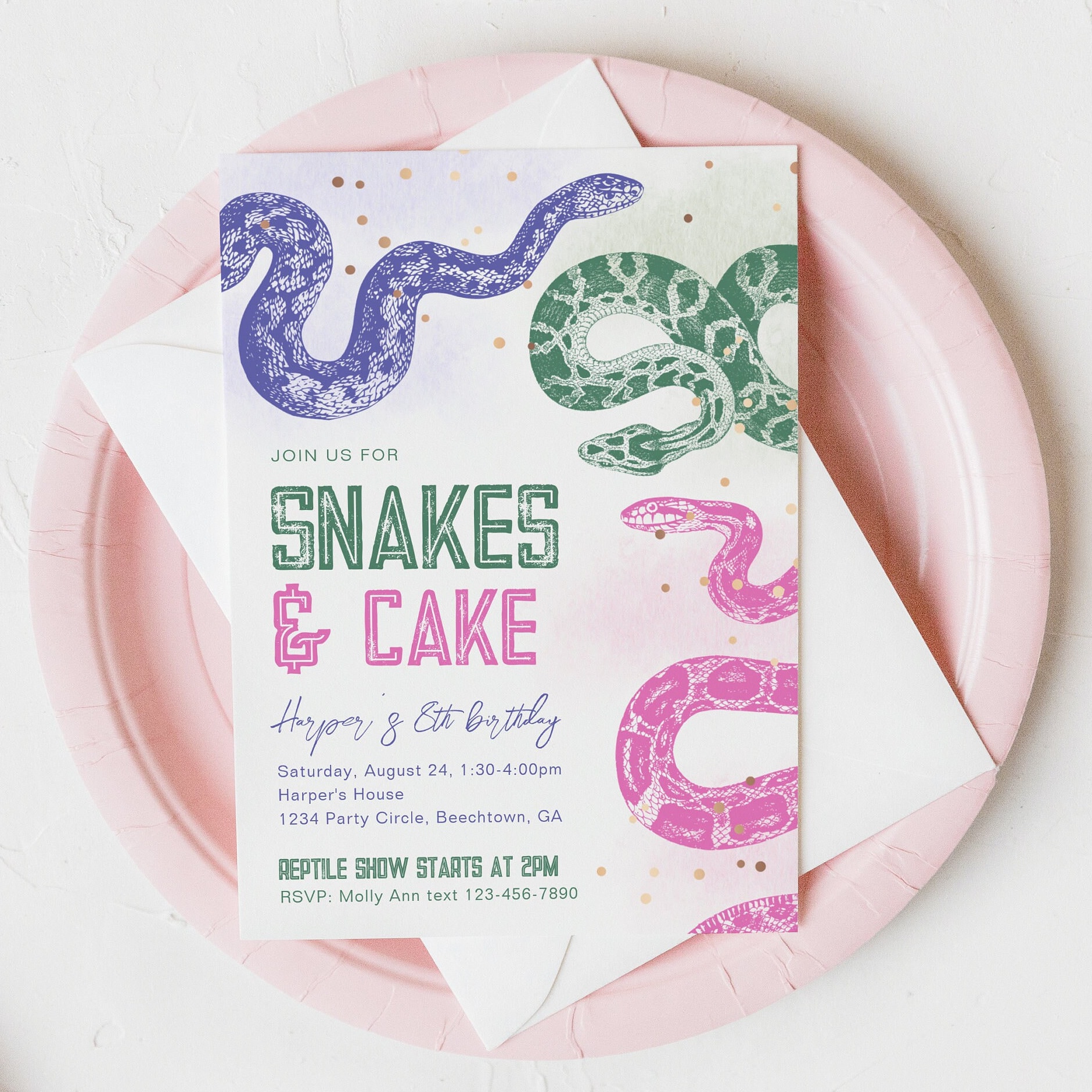 Girly Snake Birthday Invitation, Girl's Reptile Party Invitation ...