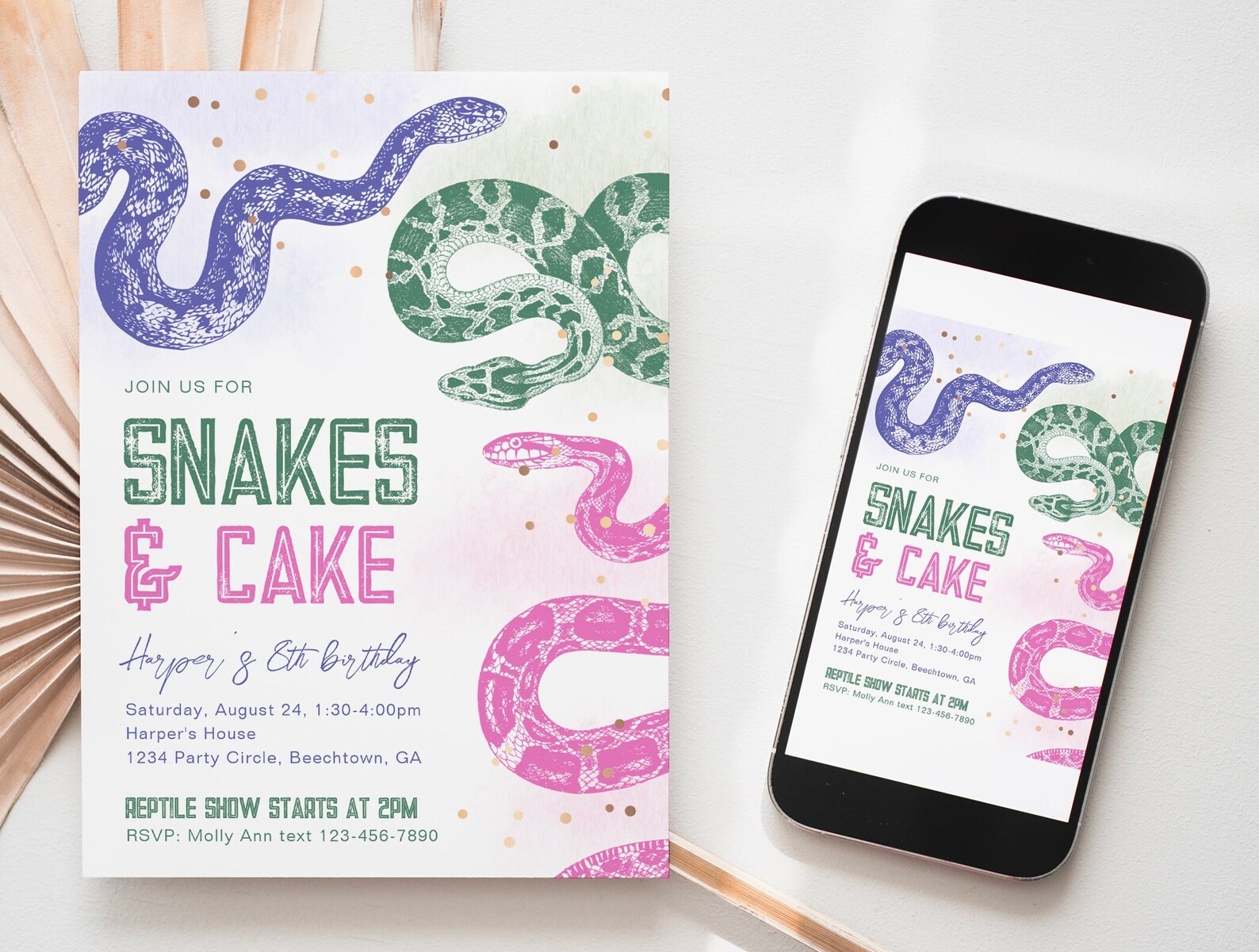 Girly Snake Birthday Invitation, Girl's Reptile Party Invitation ...